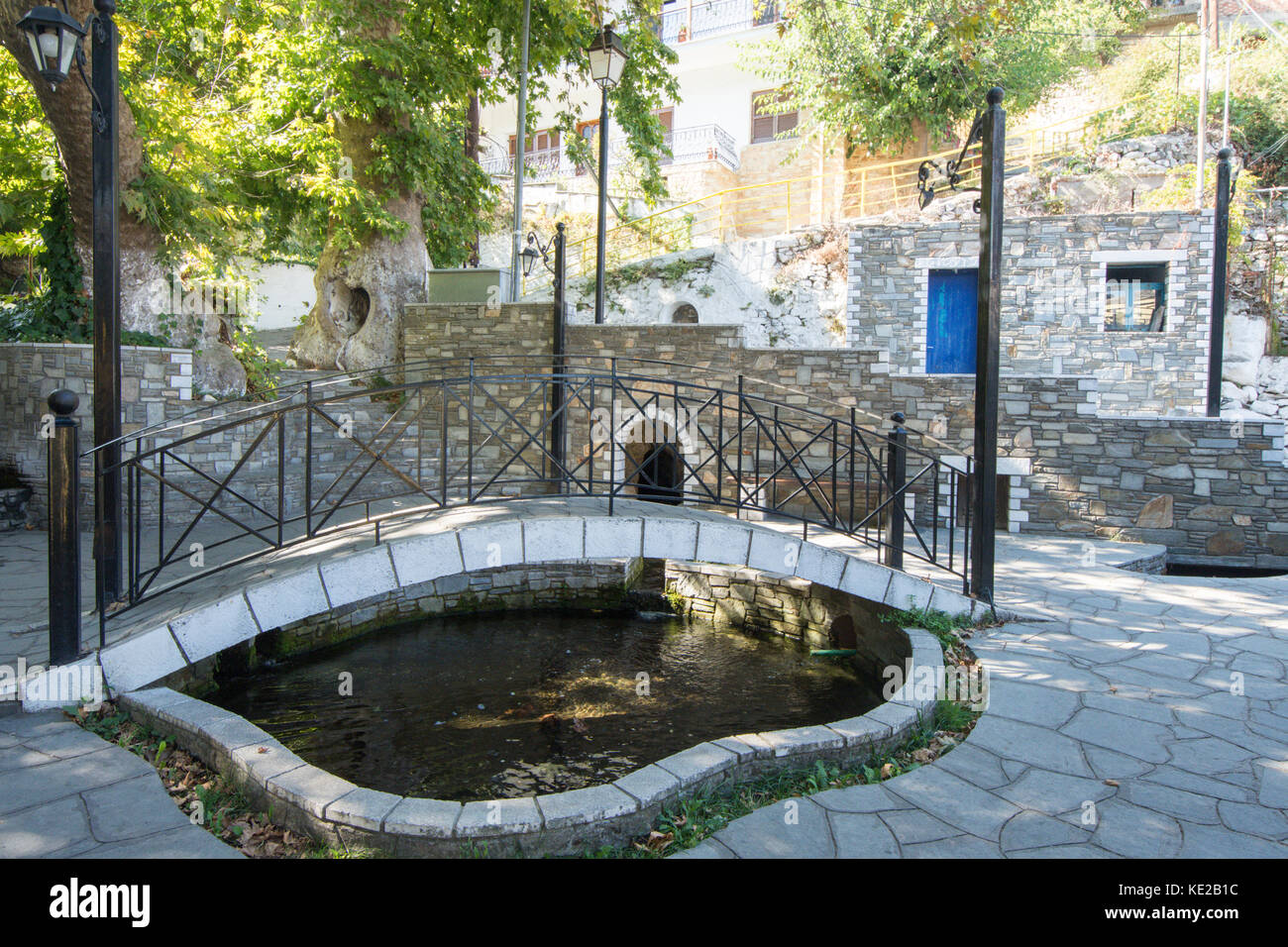 Water feature pool and fountains from spring in the village of Panagia ...