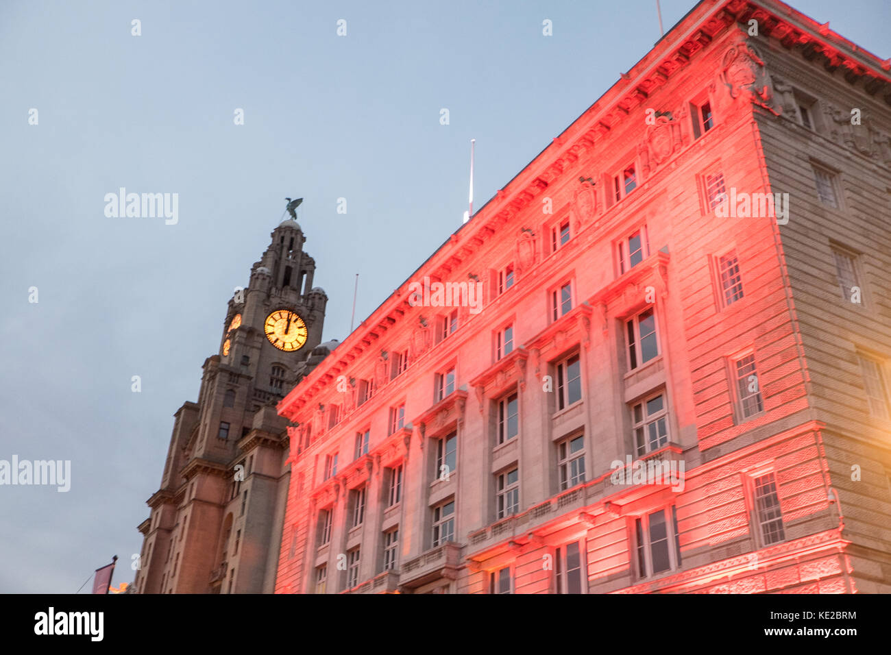 Royal Liver Building,Cunard Building,lit up in red,at, Pier Head ...