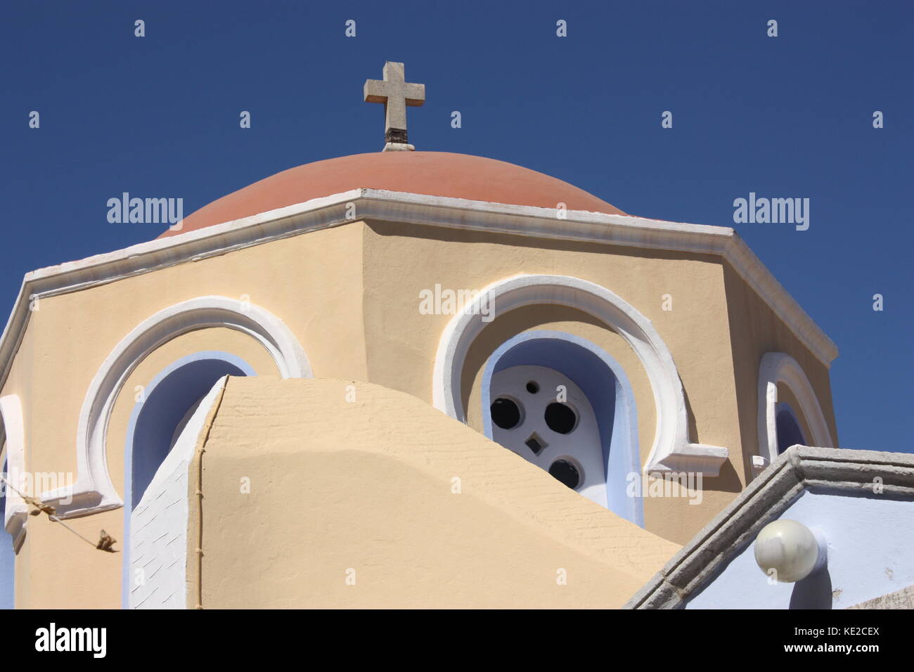 The dome of a Greek Orthodox Church in Hora, the upper part of Symi ...