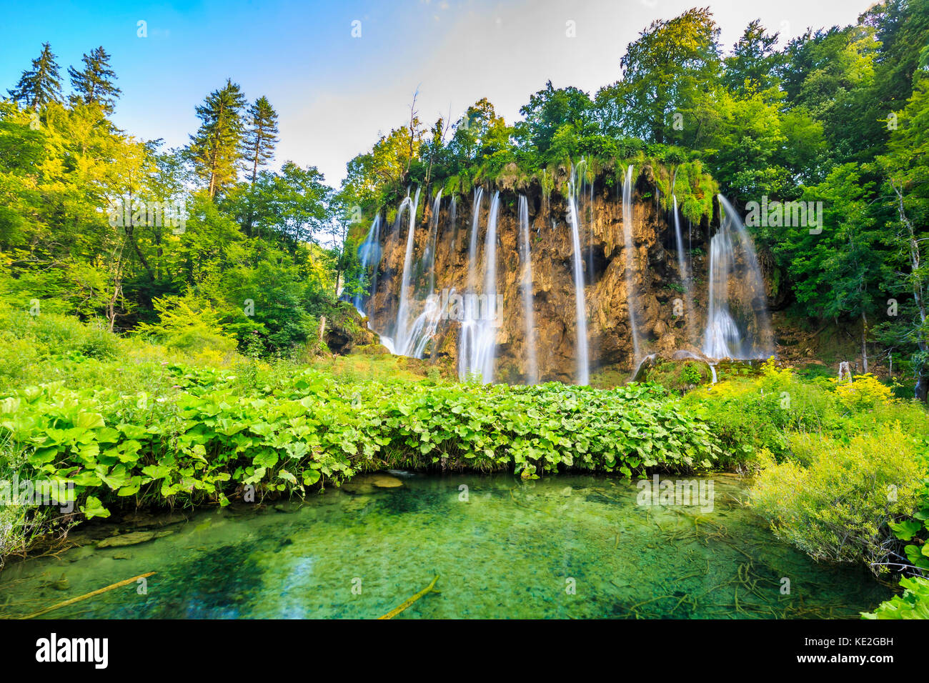 Close up of blue waterfalls in a green forest during daytime in Summer ...