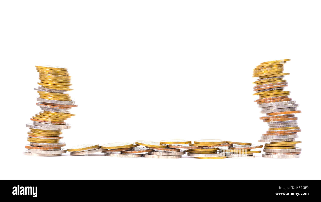 Columns of coins, piles of coins arranged on white background, business ...