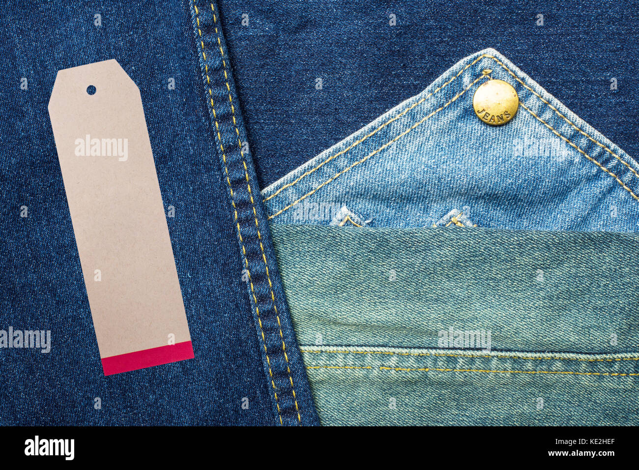 Denim jeans background with seam of jeans fashion design and tag Stock ...