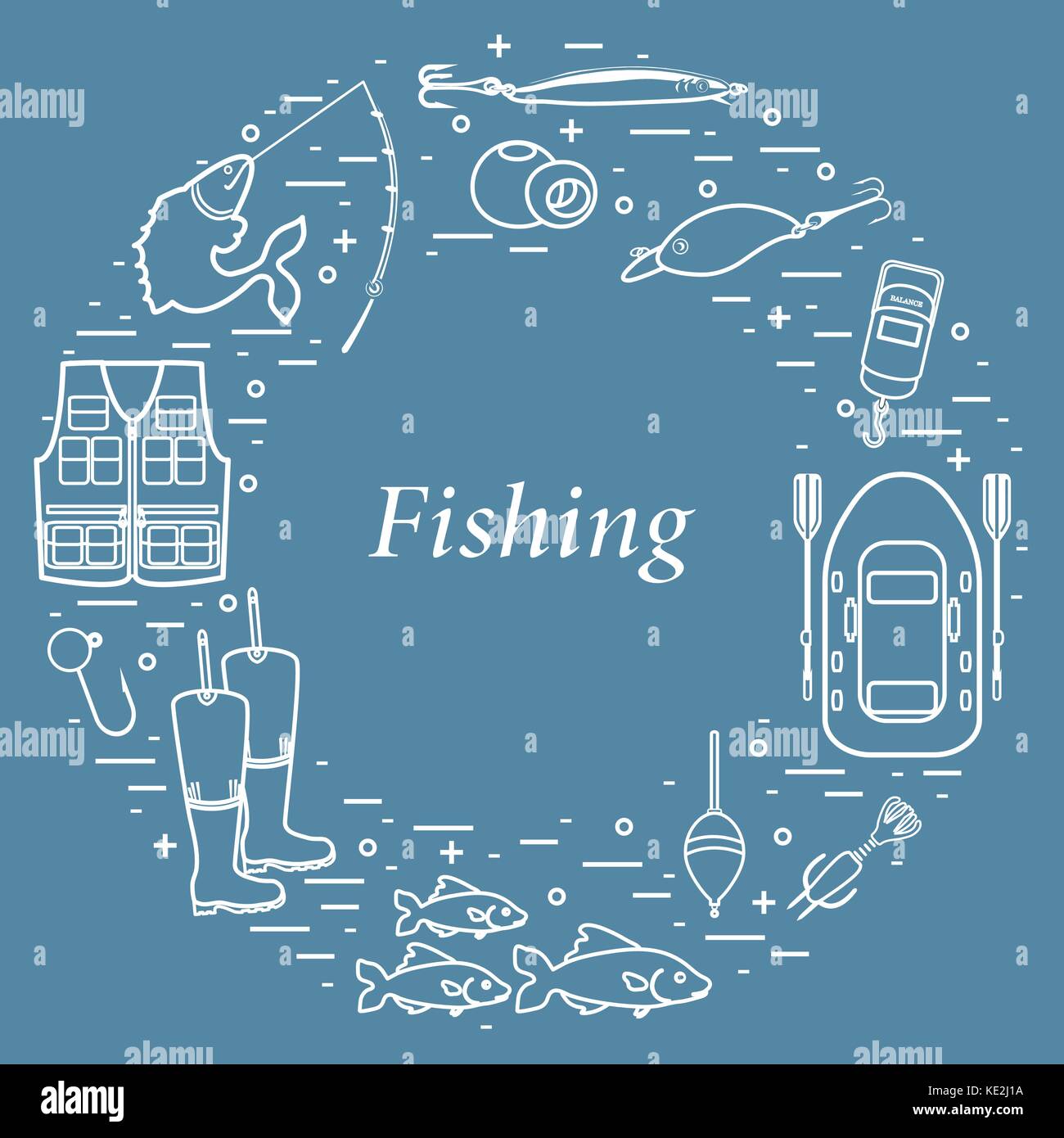 Different tools for fishing arranged in a circle. Template for your ...