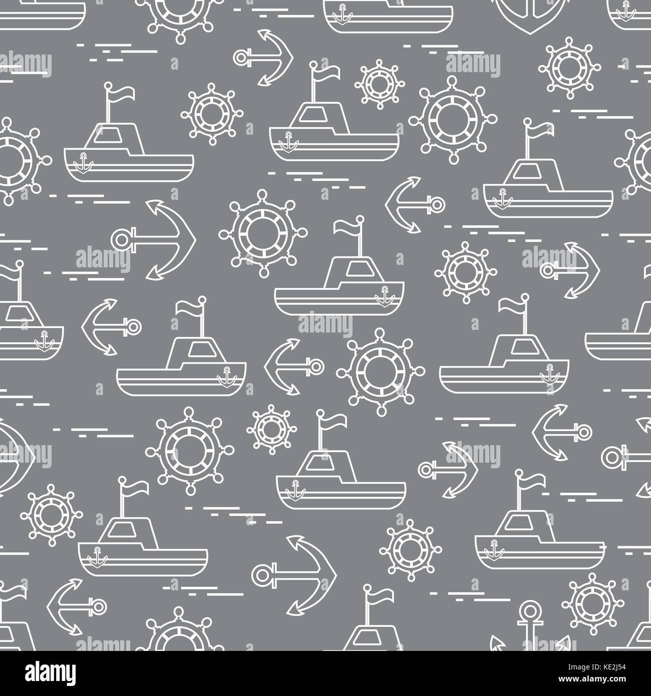 Cute seamless pattern with ships, steering wheels, anchors, flags ...