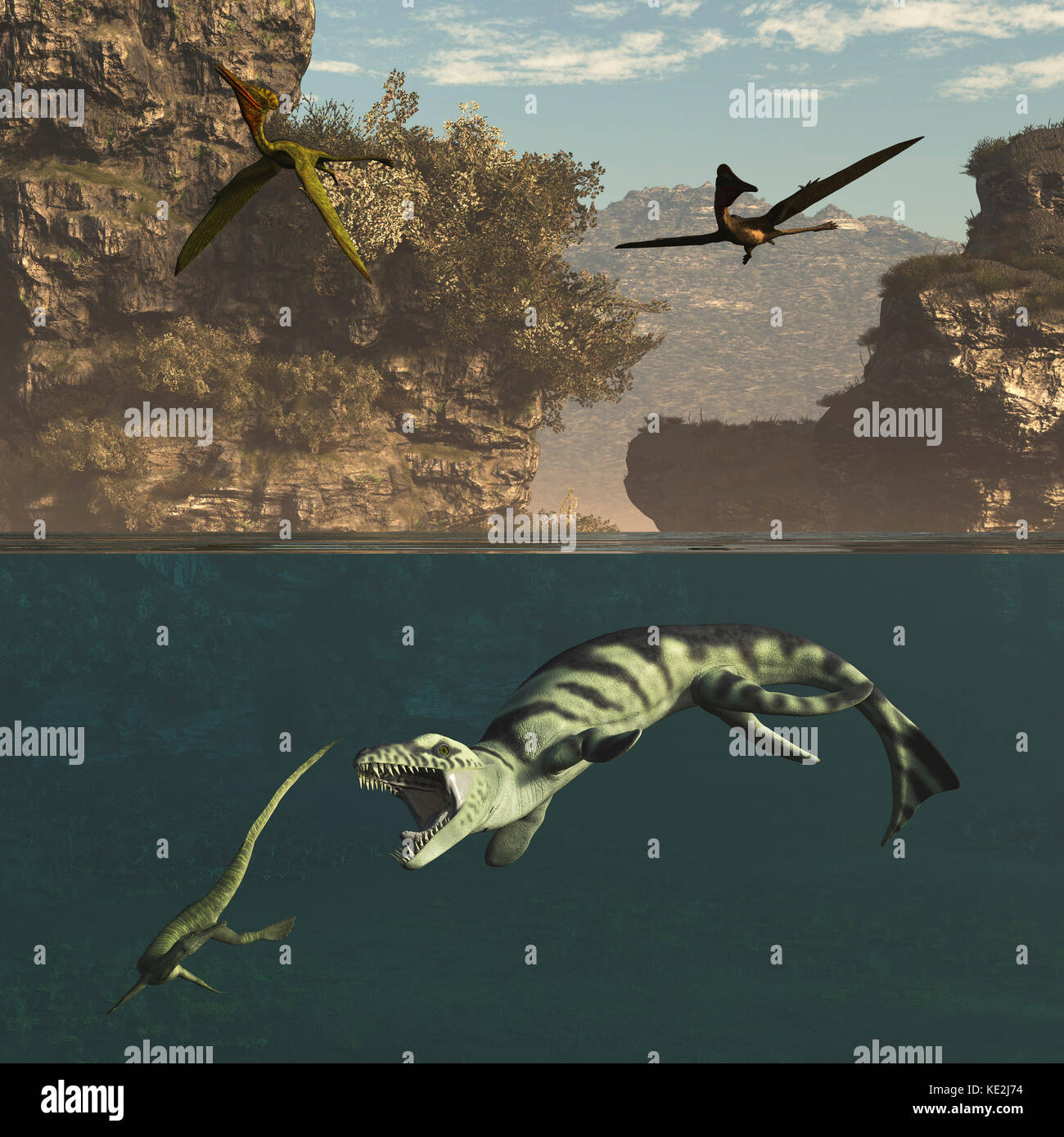 Pterodactylus flying over a Dakosaurus attacking a marine reptile Stock ...
