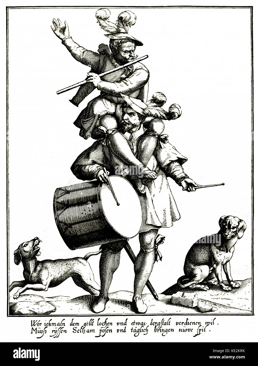 Musicians from the 16th century - one sits on the other's shoulders and ...