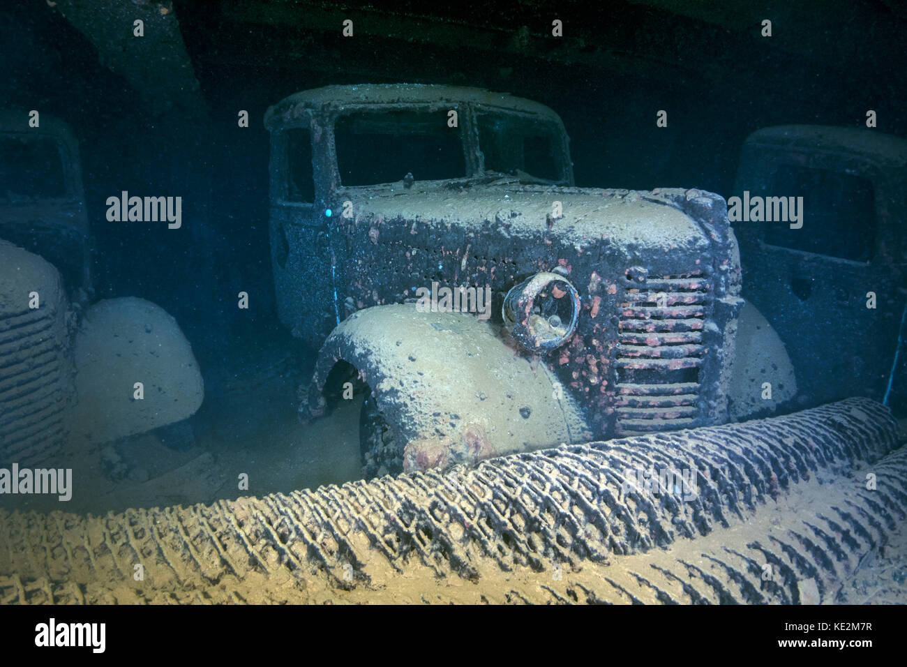 Truck inside the Hoki Maru shipwreck, Truk Lagoon, Micronesia Stock ...