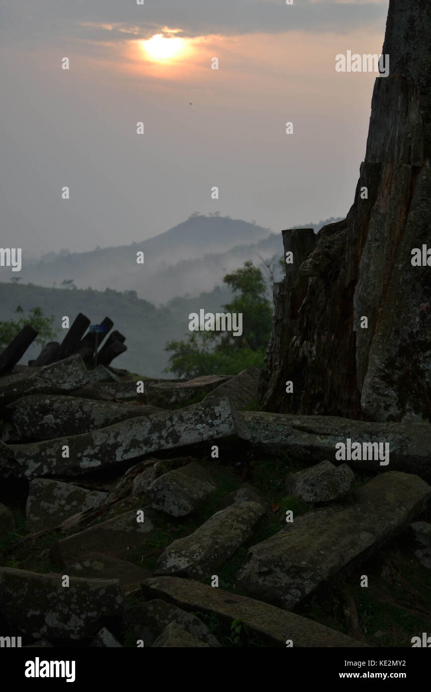 Sunrise at the megalithic site in West Java, Indonesia. It has ...
