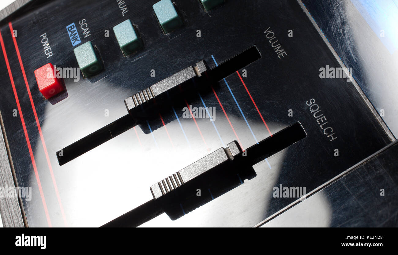 Long sliders on an old radio to control volume and squelch Stock Photo ...