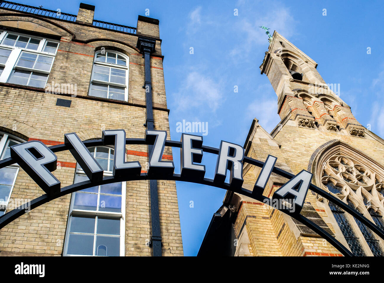 Pizzeria, Radio Alice sign in front of church Hoxton square London ...
