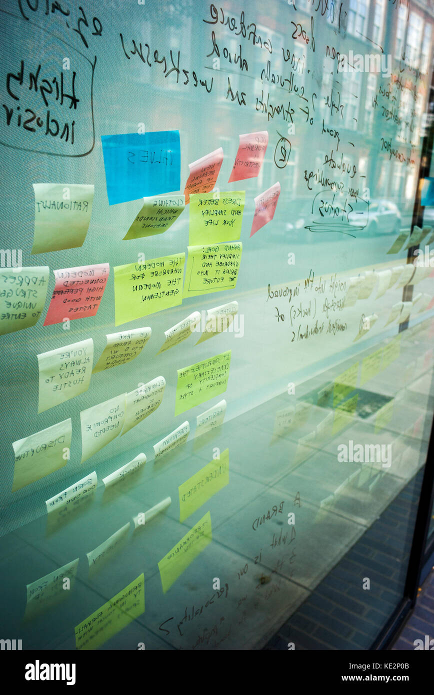 post it notes stuck to window with brainstorming annotations written on ...