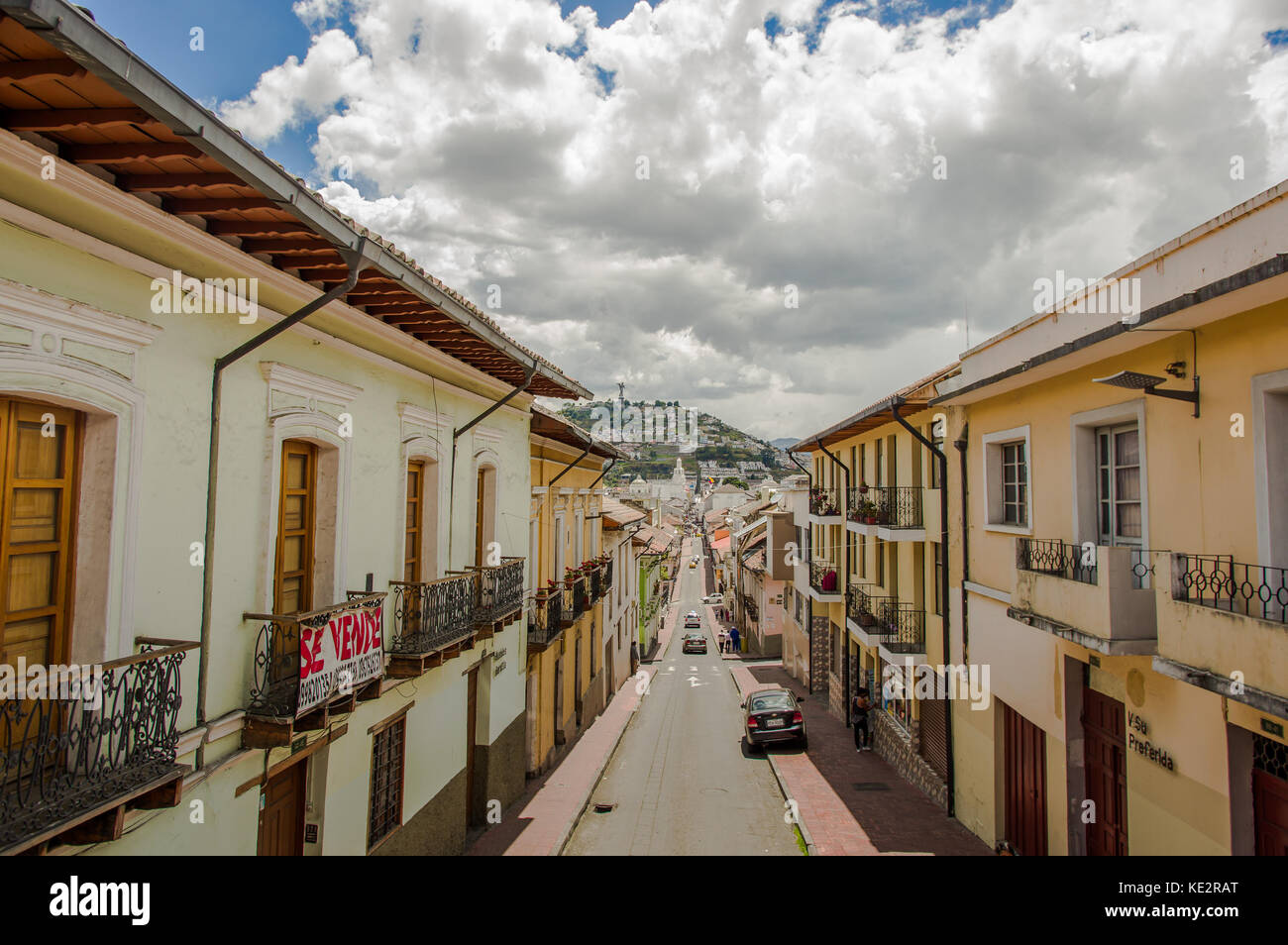 QUITO, ECUADOR - SEPTEMBER 10, 2017: Beautiful view of colonial houses ...
