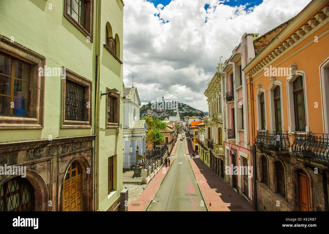 QUITO, ECUADOR - SEPTEMBER 10, 2017: Beautiful view of colonial houses ...