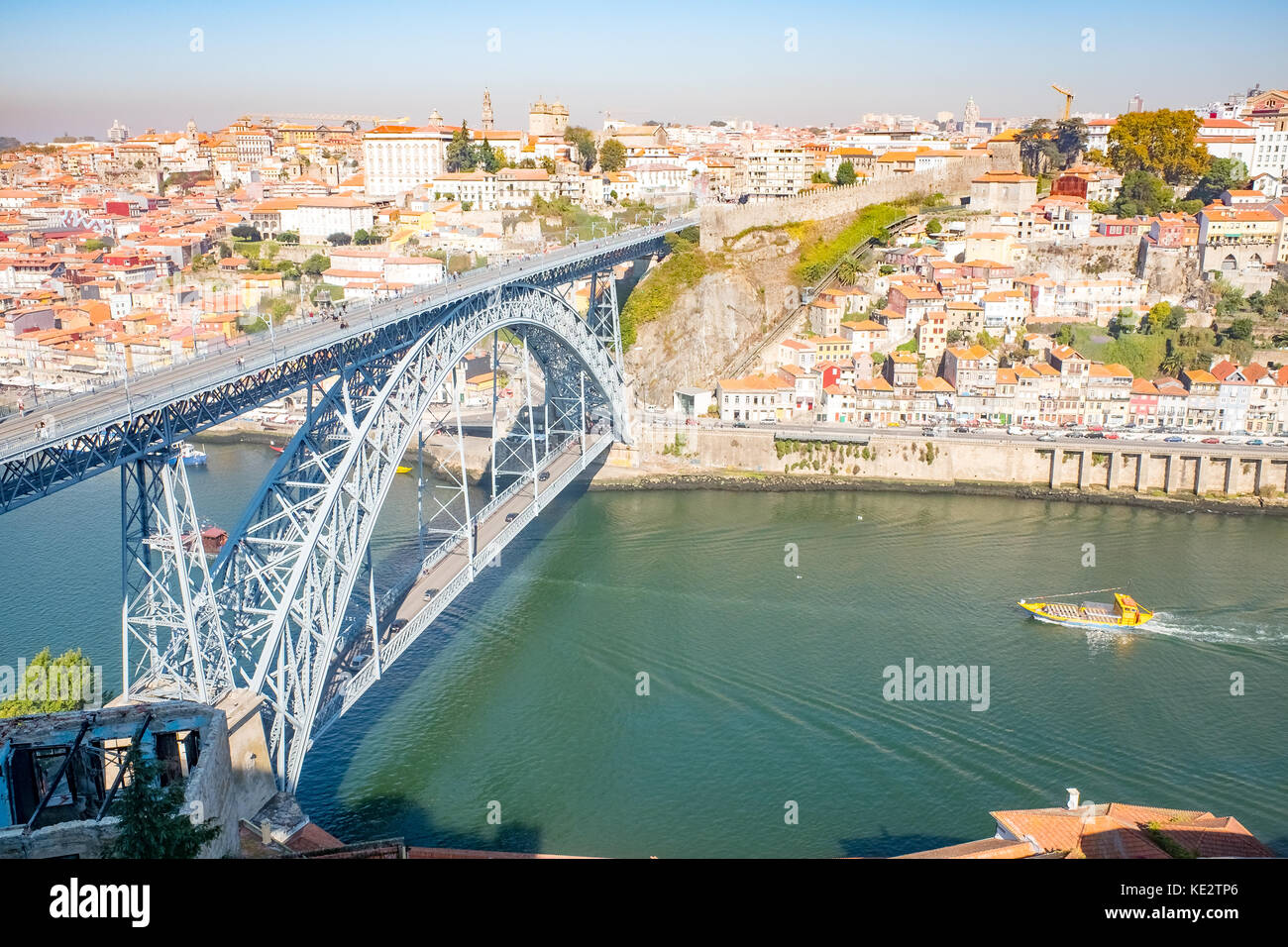 View of the historic city of Porto, Portugal with the Dom Luiz bridge ...