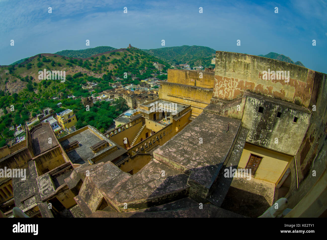 Aerial view of Amber Fort landscape with some rooftops of the building ...