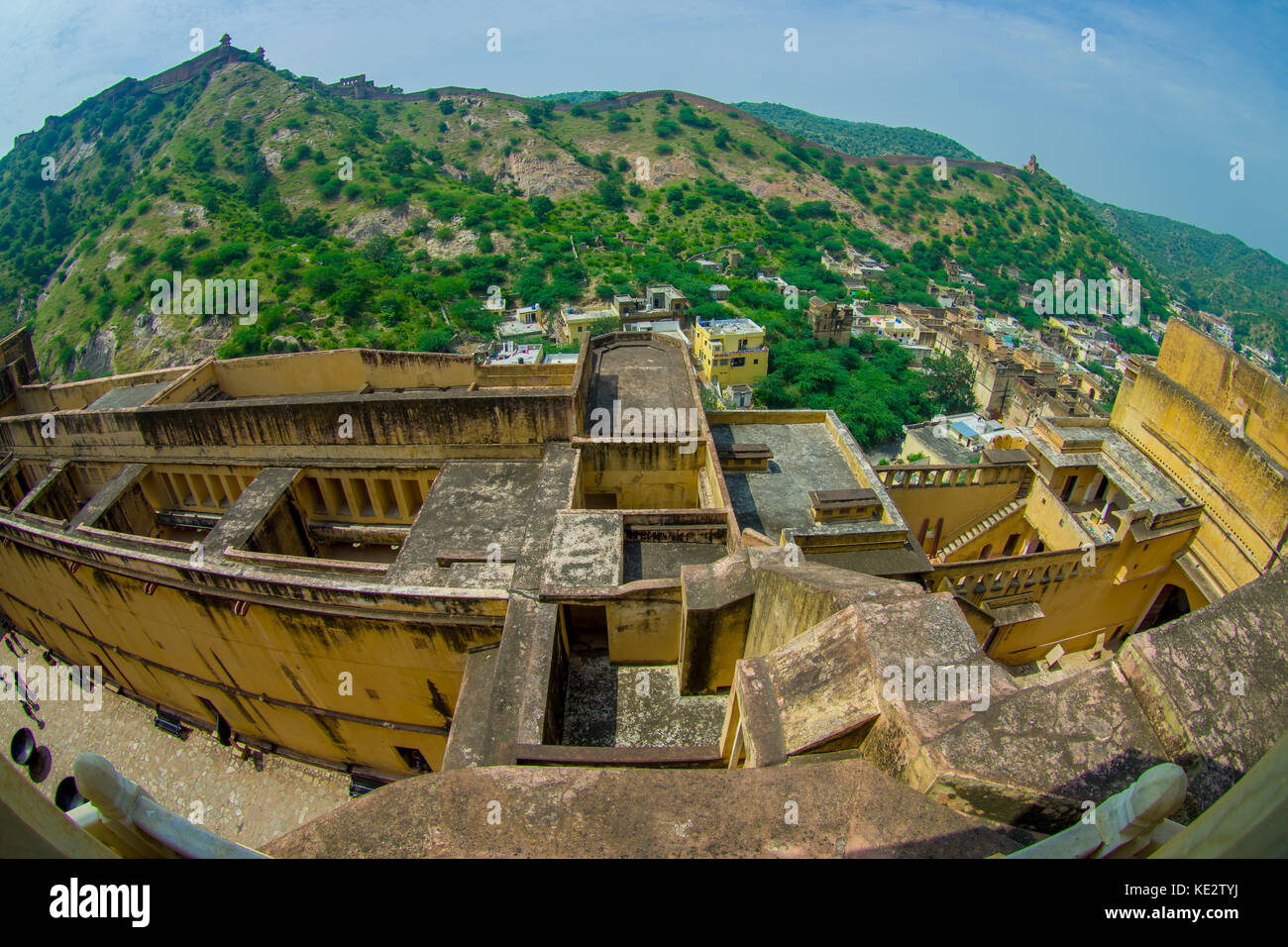 Aerial view of Amber Fort landscape with some rooftops of the building ...