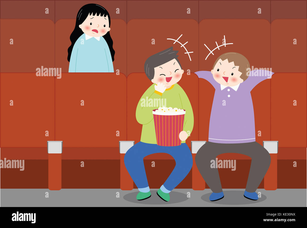 Woman suffering from two noisy men at movie theater Stock Photo - Alamy