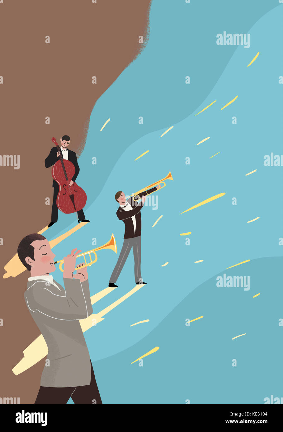 Three men playing instruments on stage Stock Photo - Alamy