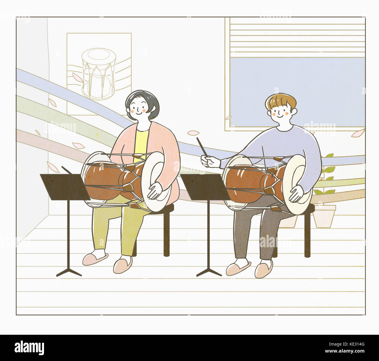 Smiling man amd woman enjoying playing jang gu, traditional Korean ...