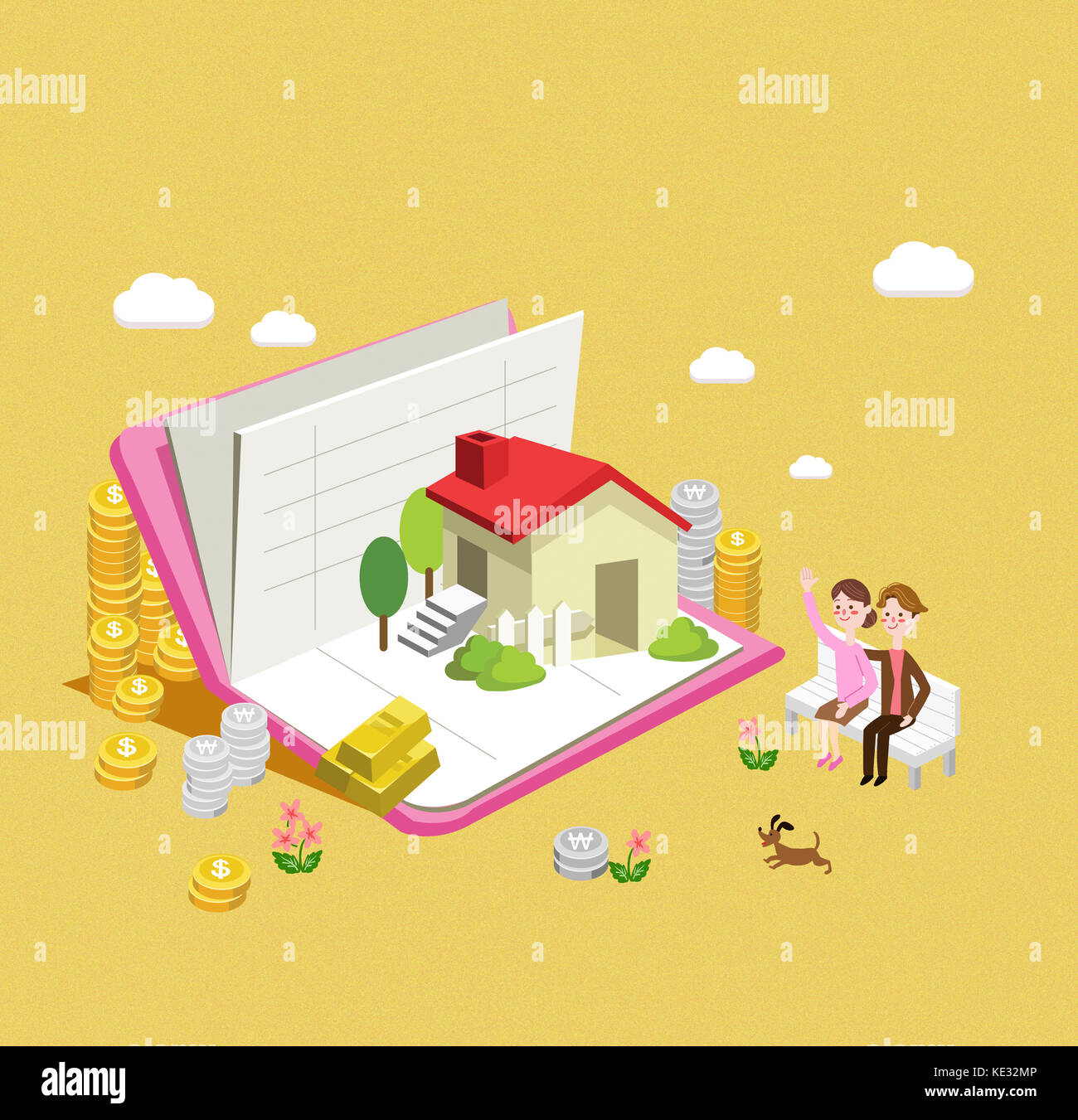 Smiling man and woman sitting on bench with a house and stacked money ...