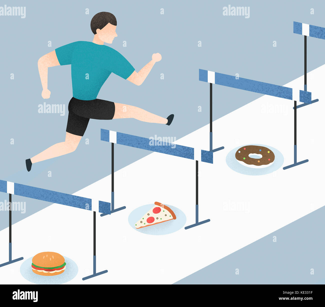 Man running over hurdles with fast food Stock Photo - Alamy