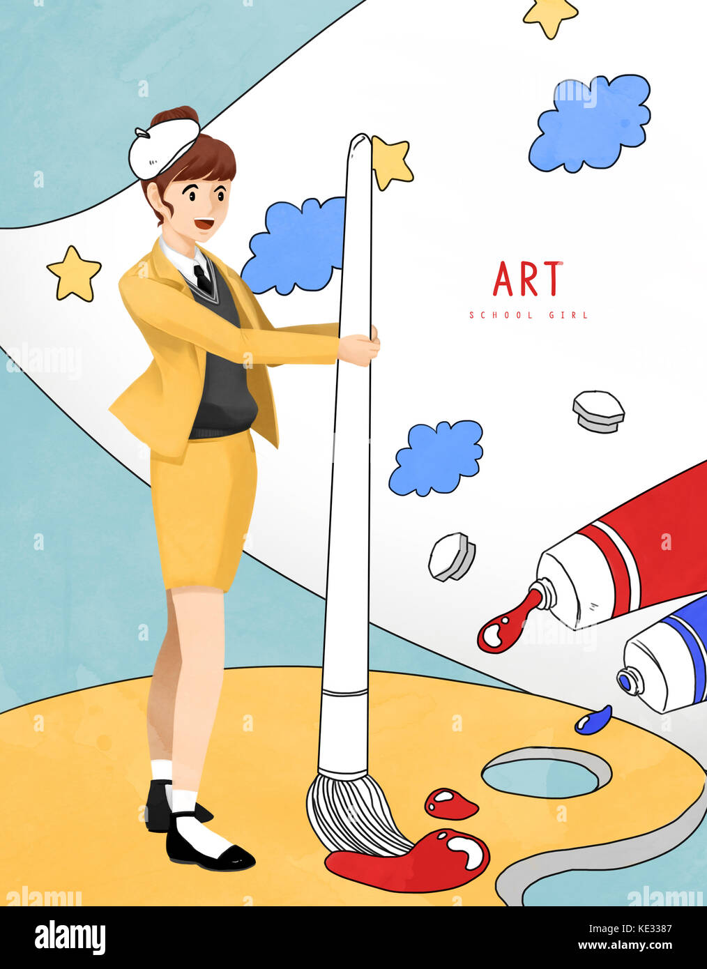 Smiling school girl with paintbrush Stock Photo - Alamy