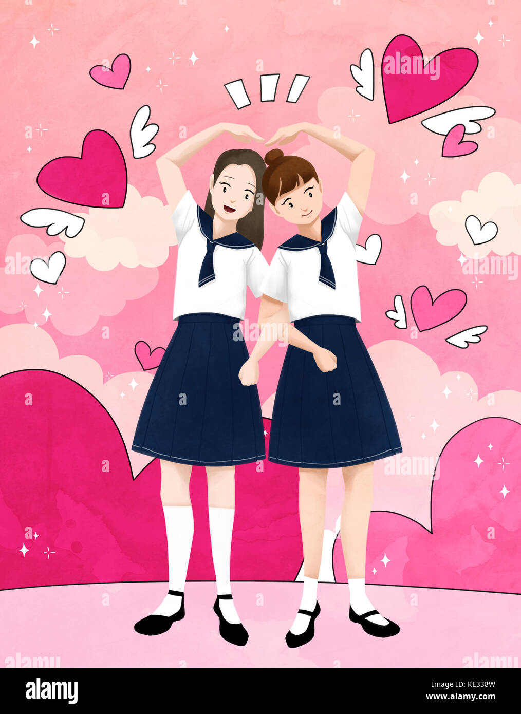 Two smiling school girls making a heart Stock Photo - Alamy