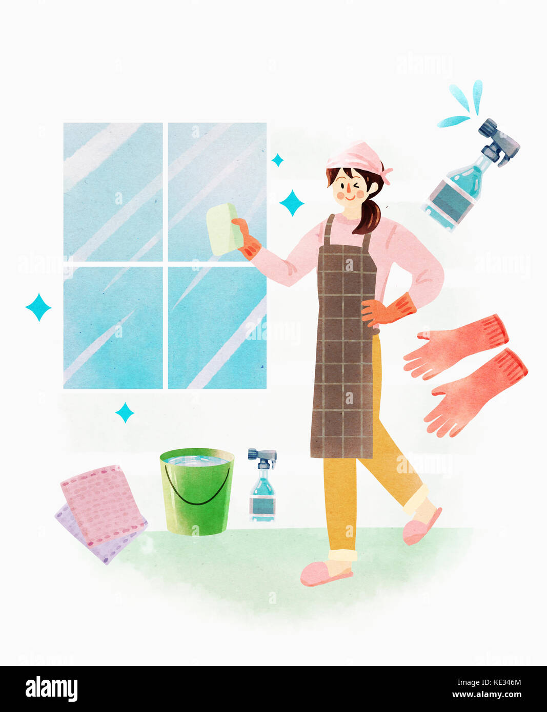 Smiling housewife cleaning windows Stock Photo - Alamy