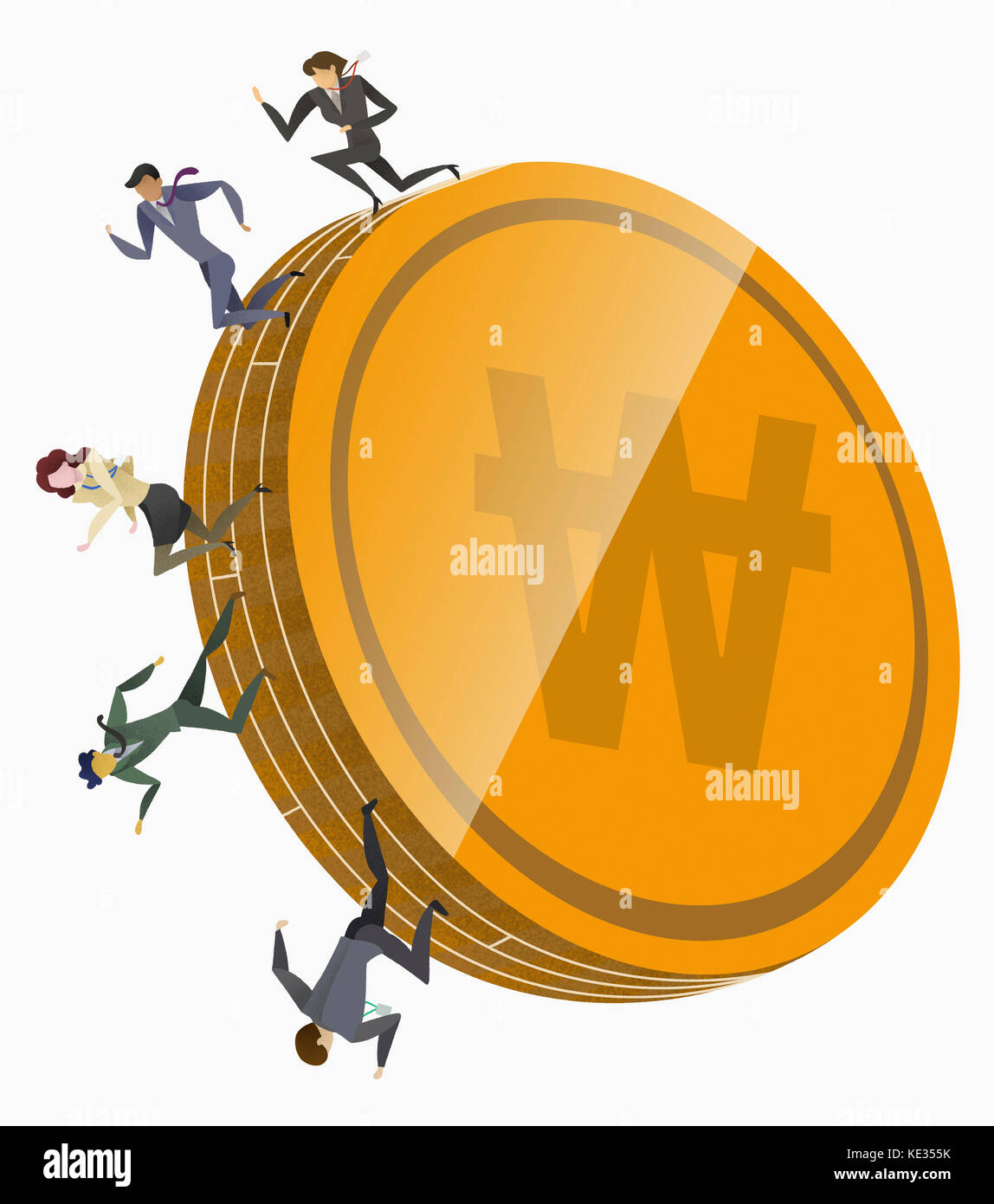 Business people running around a coin Stock Photo - Alamy