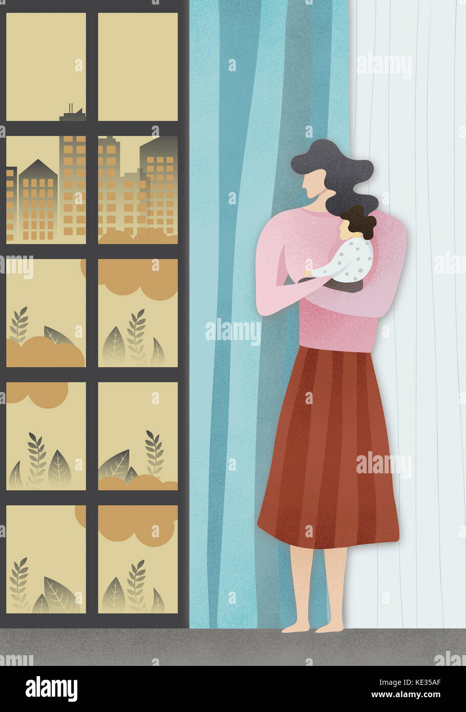 Woman holding her child in ber arms worried about polluted air looking ...