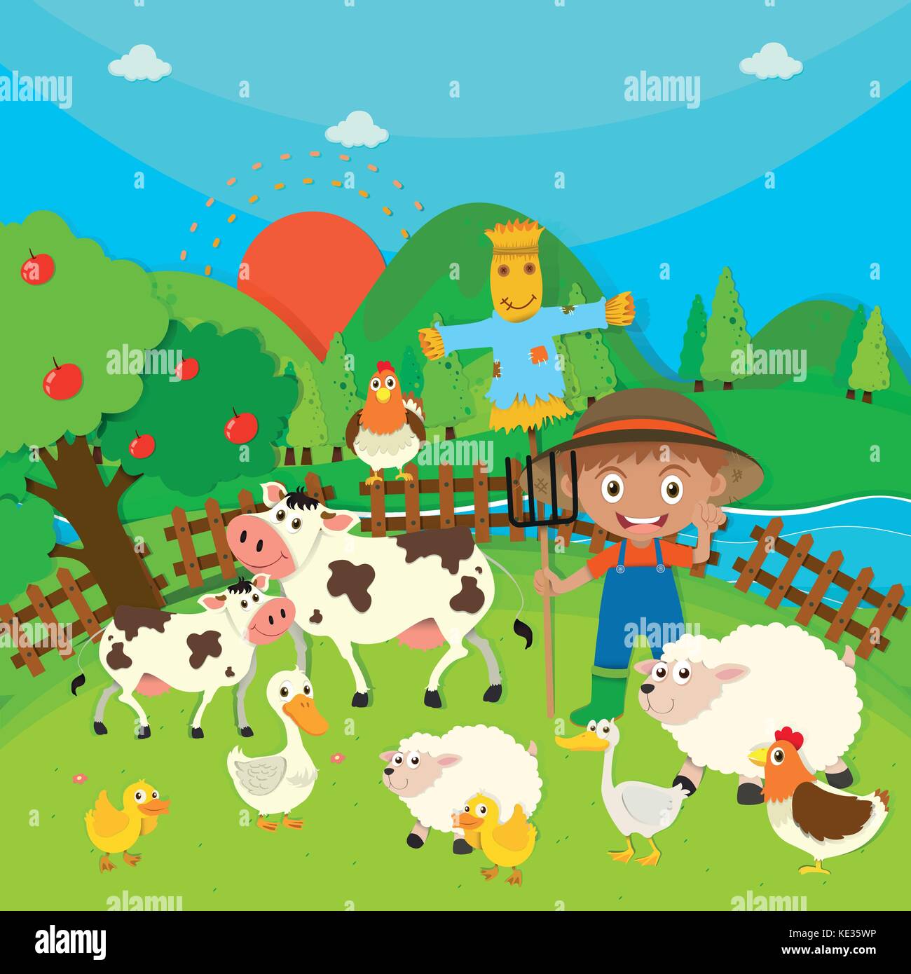 Farmer and farm animals illustration Stock Vector Image & Art - Alamy