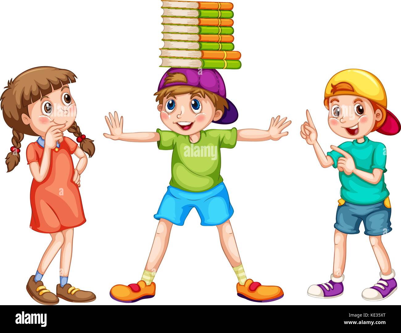 Children looking at boy with books on his head illustration Stock ...