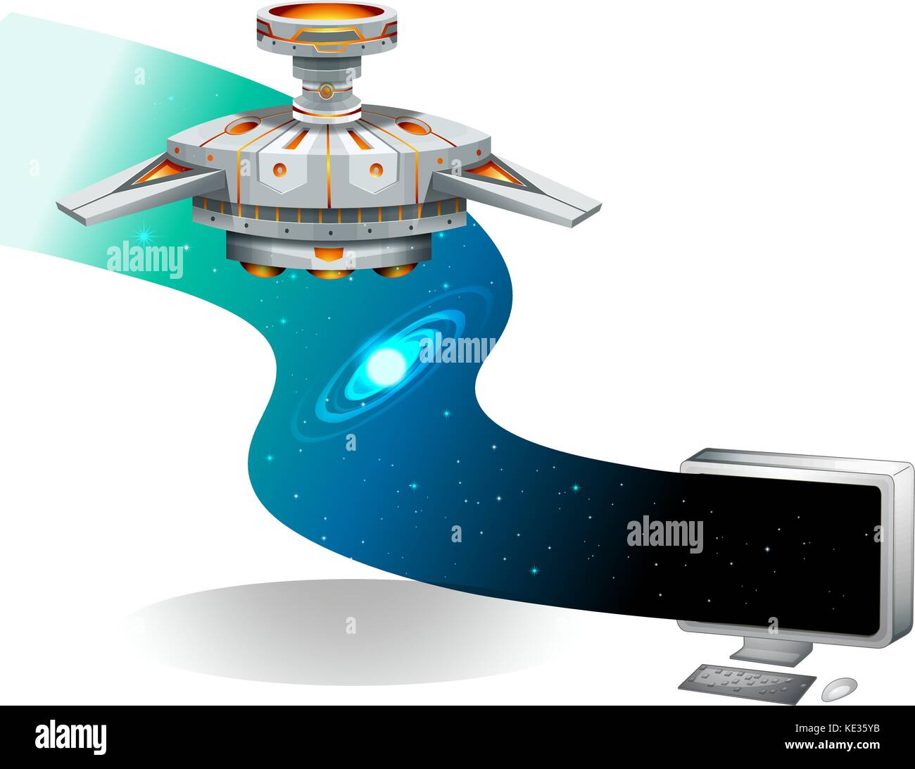Computer screen with spaceship flying in the space illustration Stock ...