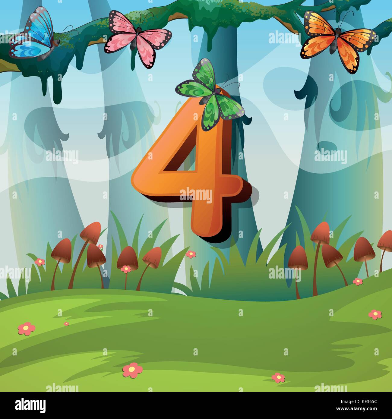 Number four with 4 butterflies in garden illustration Stock Vector ...