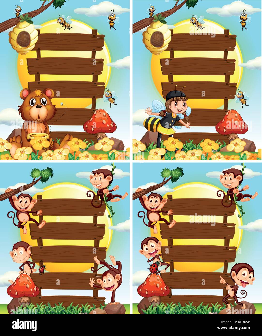 Wooden signs with monkeys and bees illustration Stock Vector Image ...