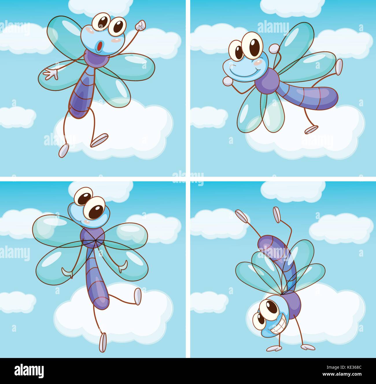 Four scenes of dragonfly flying in sky illustration Stock Vector Image ...