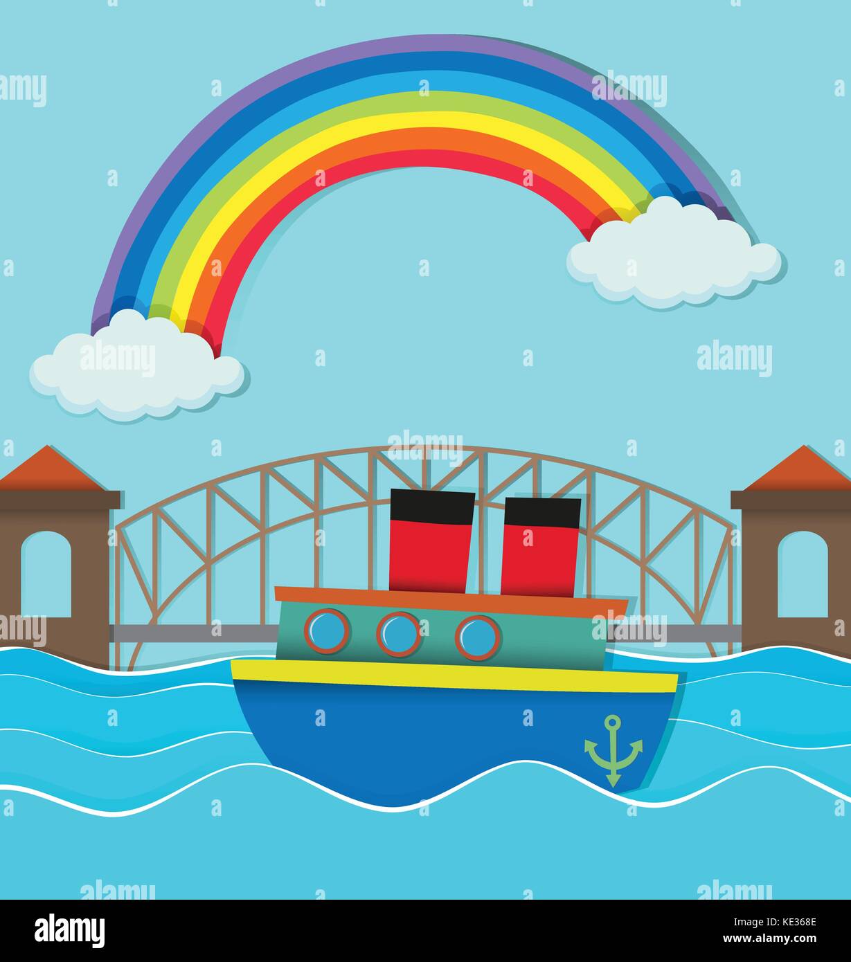 Bridge over river and boat on water illustration Stock Vector Image ...