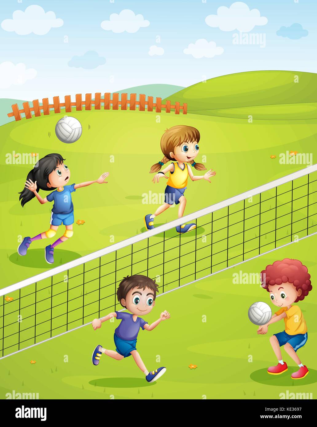Boys and girls playing volleyball in the park illustration Stock Vector ...