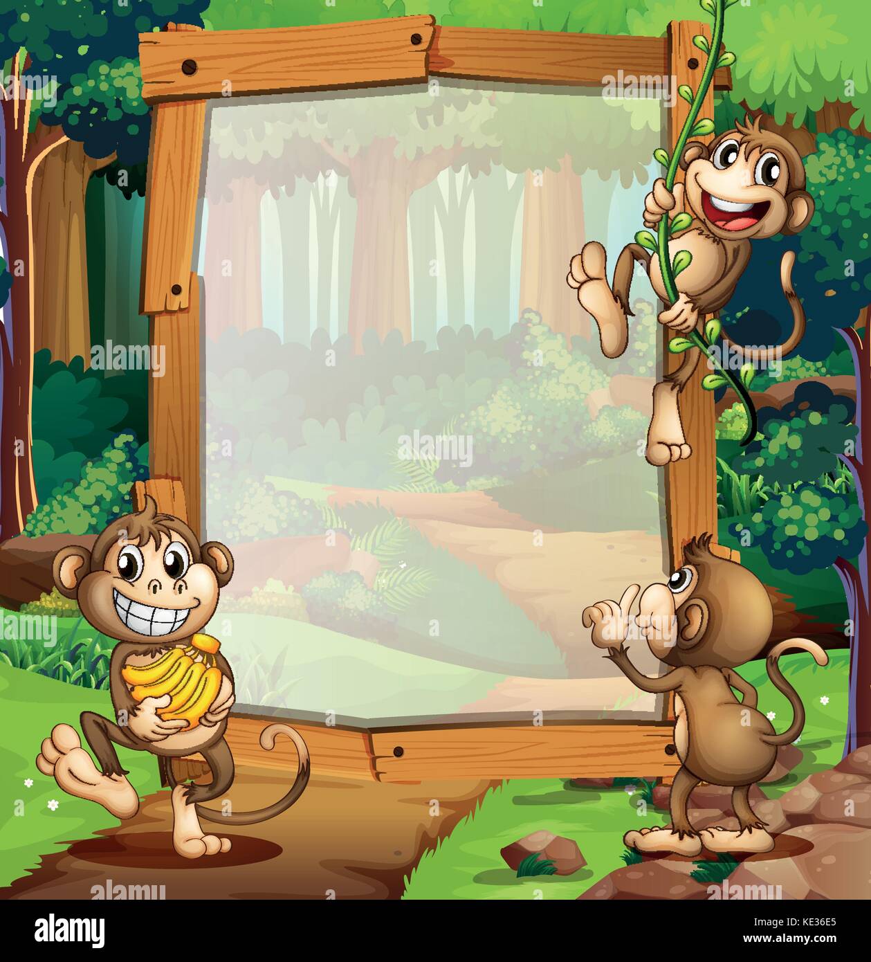 Border design with three monkeys in jungle illustration Stock Vector ...