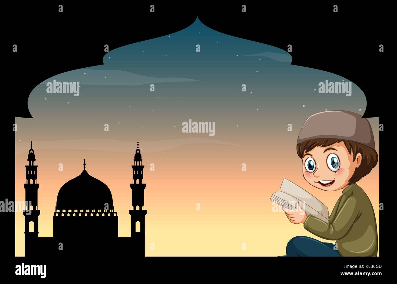 Muslim boy reading book with mosque background illustration Stock ...