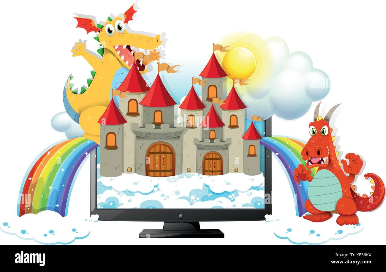 Dragons and castle on computer screen illustration Stock Vector Image ...