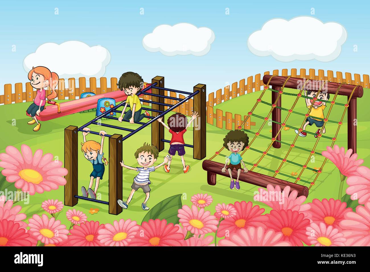 Children playing in the playground illustration Stock Vector Image ...
