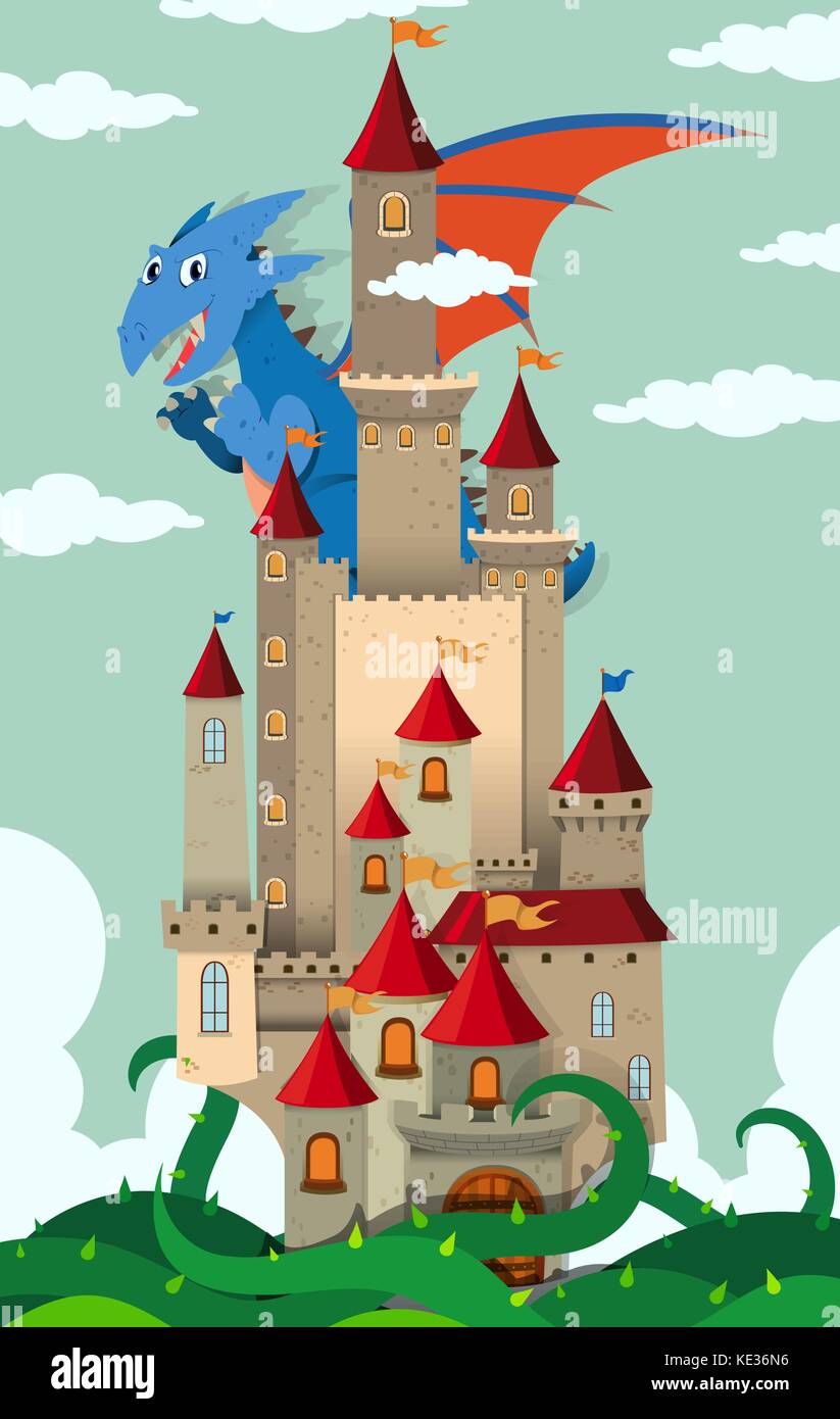 Dragon flying over castle illustration Stock Vector Image & Art - Alamy