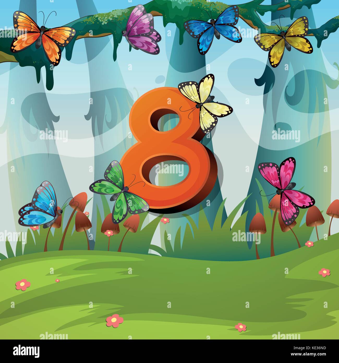 Number eight with 8 butterflies in garden illustration Stock Vector ...