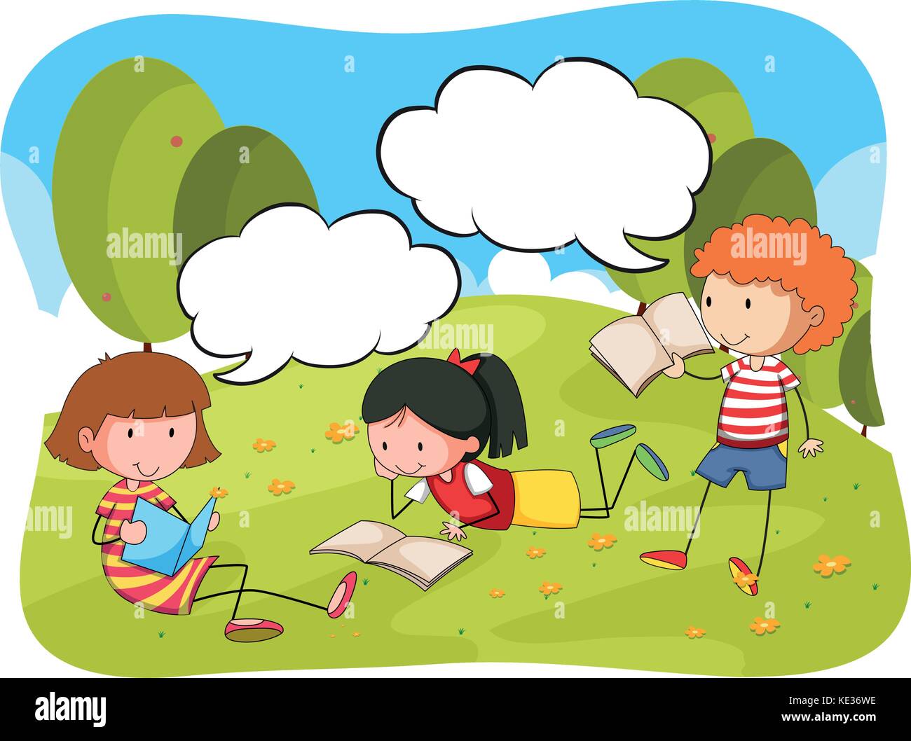 Children reading book in the park illustration Stock Vector Image & Art ...