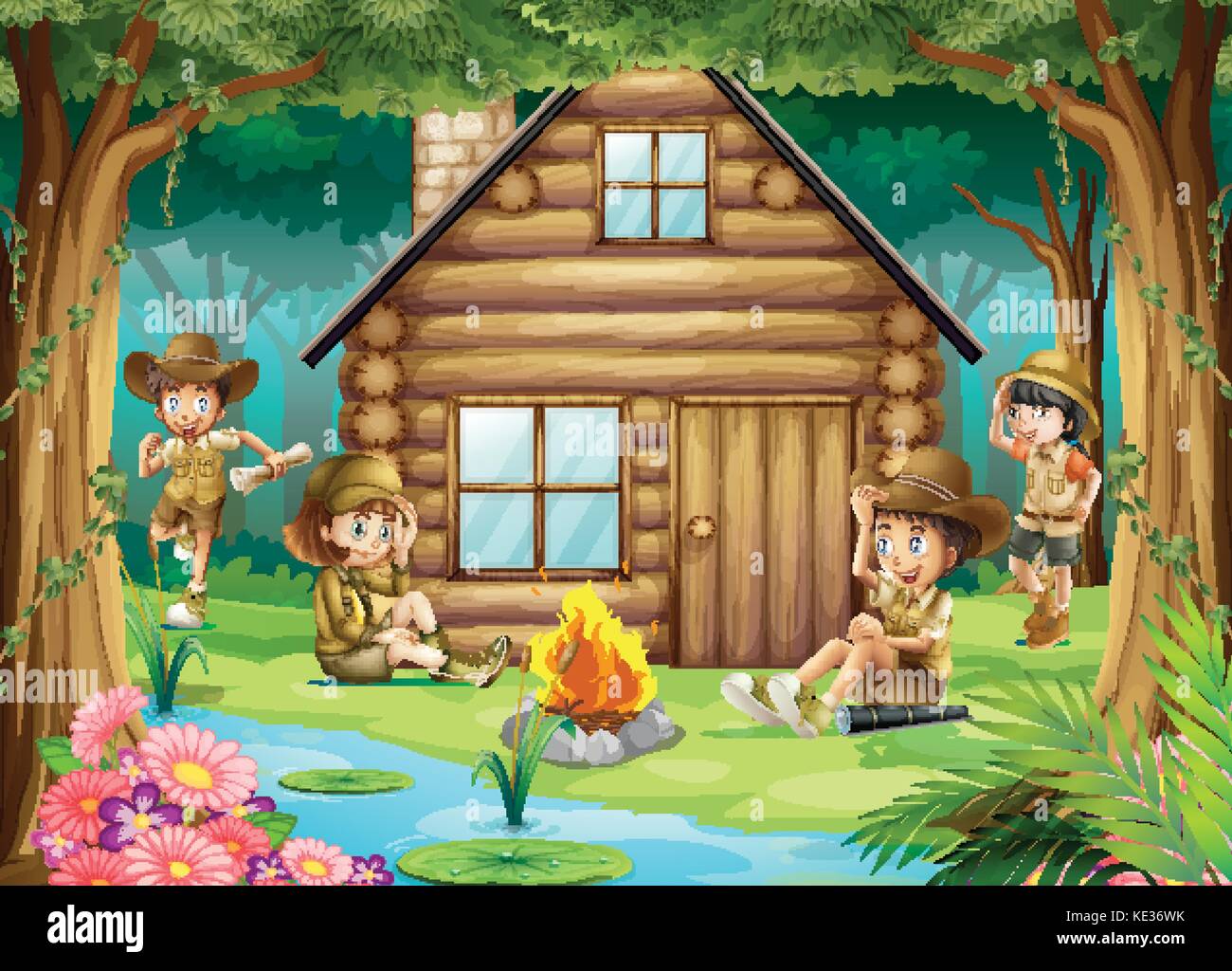 Boys and girls camping out in the woods illustration Stock Vector Image ...