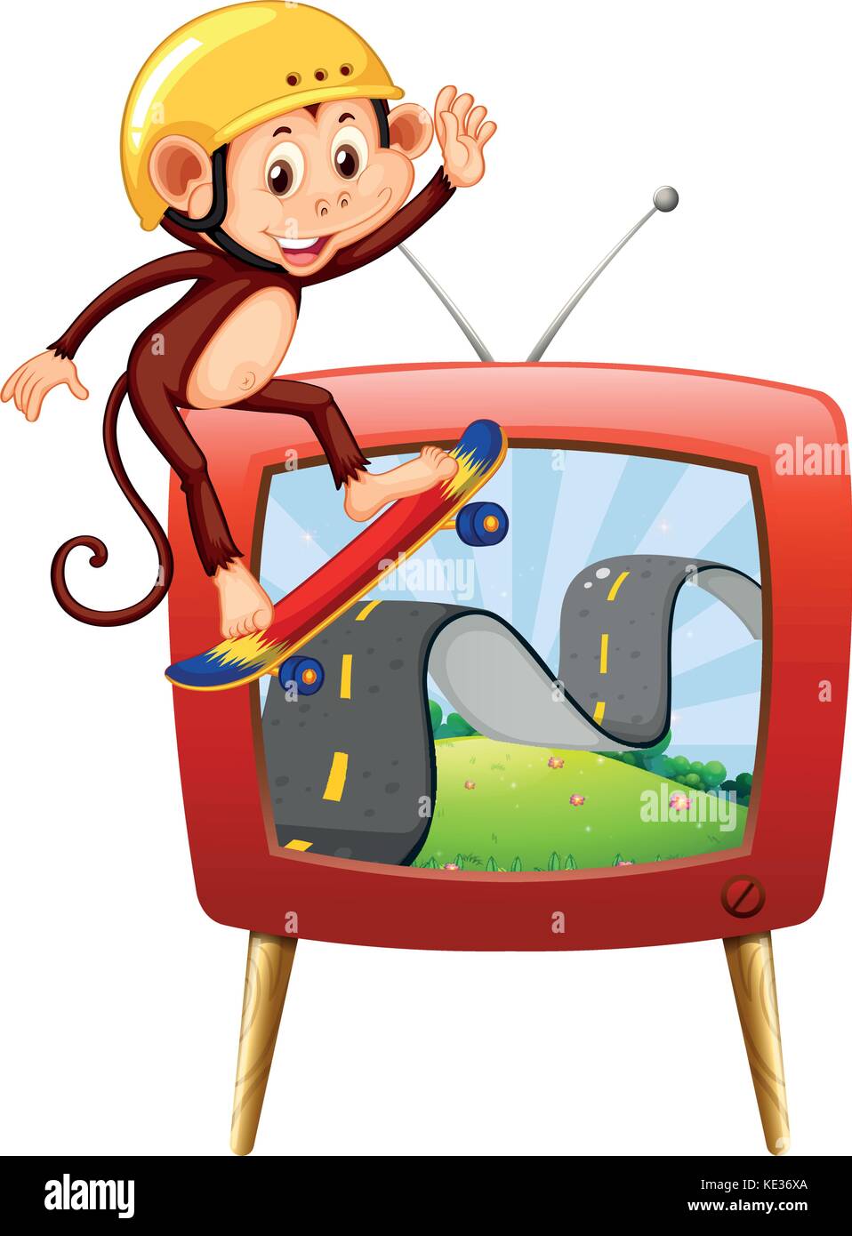 Monkey playing skateboard on TV illustration Stock Vector Image & Art ...