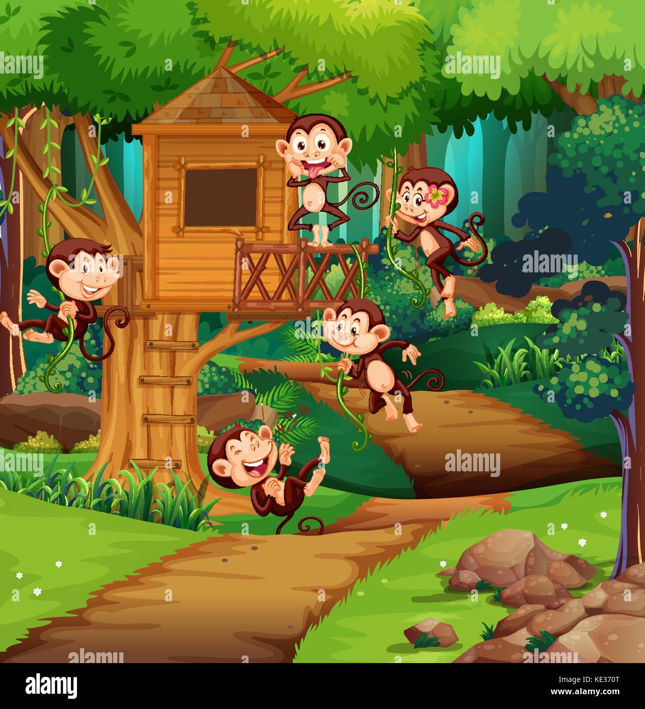 Monkeys playing at the treehouse illustration Stock Vector Image & Art ...