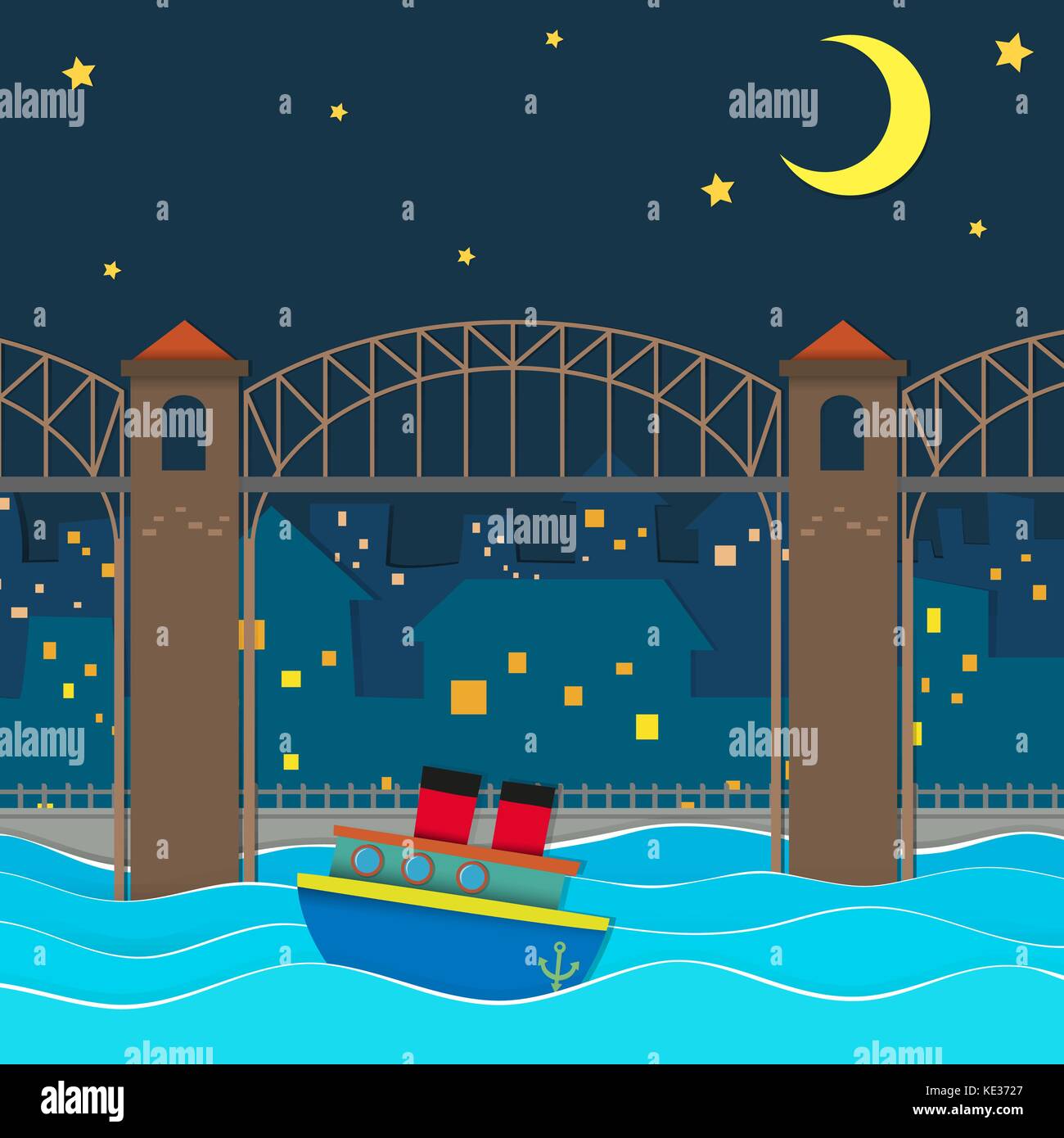 Boat floating under the bridge at night illustration Stock Vector Image ...