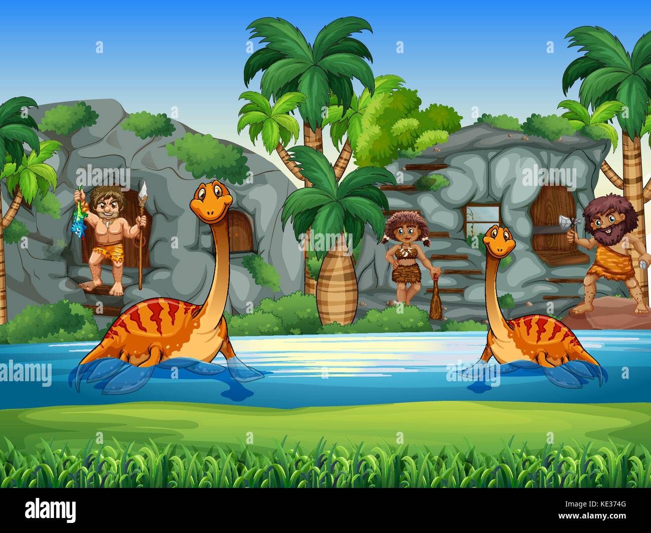 Cavemen and dinosaurs living together illustration Stock Vector Image ...
